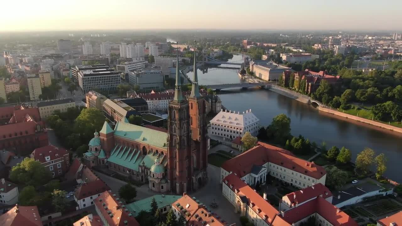 Flying Above Oder River In European City - Stock Video | Motion Array