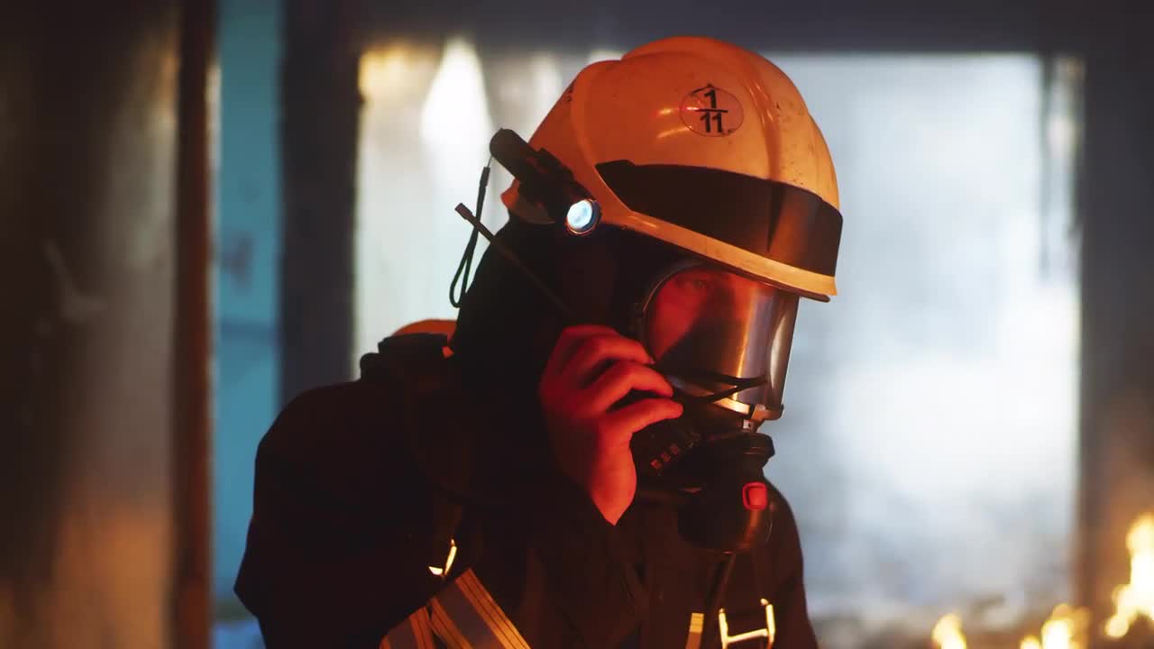 Fireman With Radio In Burning Building - Stock Video | Motion Array