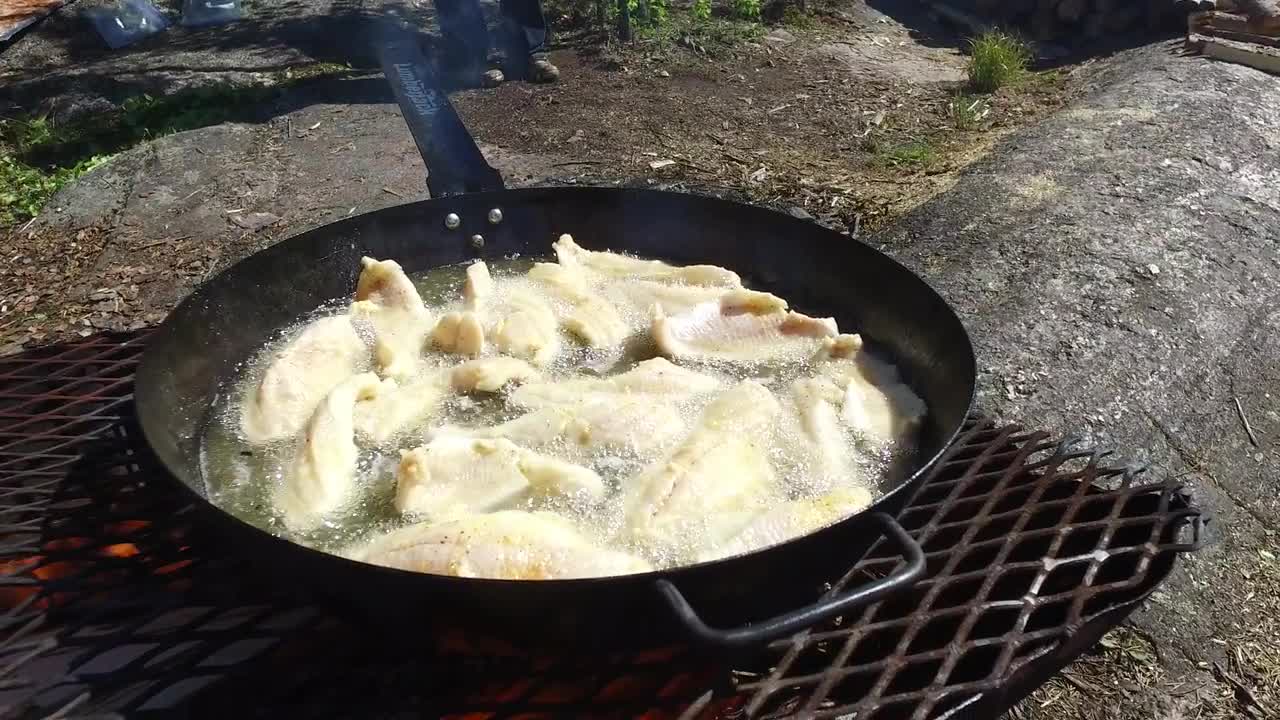 Man Frying Fish In A Pan Outdoor - Stock Video | Motion Array