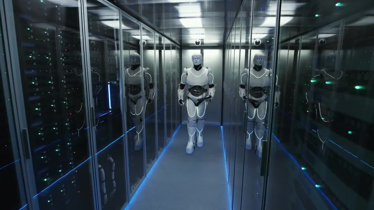 Robot Works In Server Room - Stock Video | Motion Array
