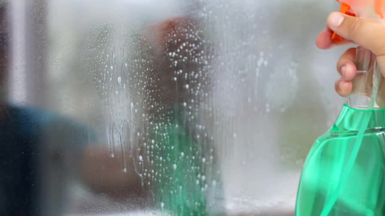 Cleaner Spraying And Wiping Window - Stock Video | Motion Array