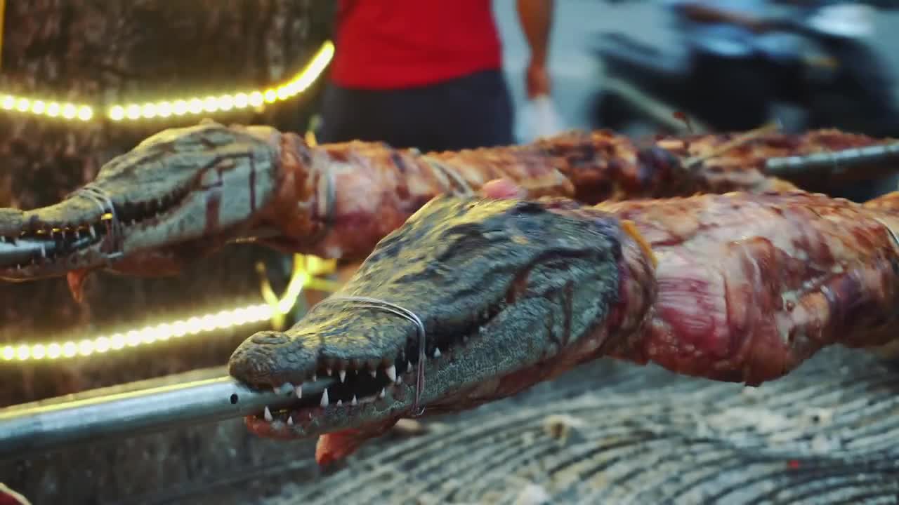 Crocodile Meat On Spit - Stock Video | Motion Array