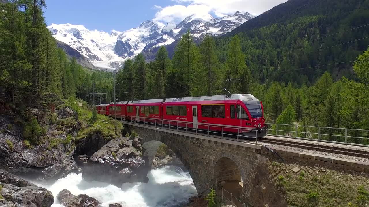 The Red Bernina Train - Stock Video | Motion Array