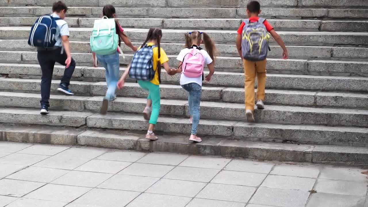 Schoolchildren Go Up Stairs - Stock Video | Motion Array